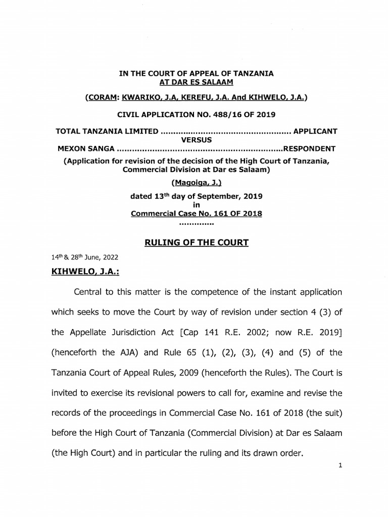 Total Tanzania Limited v. Mexon Sanga Civil Application No. 48816 of 2019 | PDF | Lawsuit | License