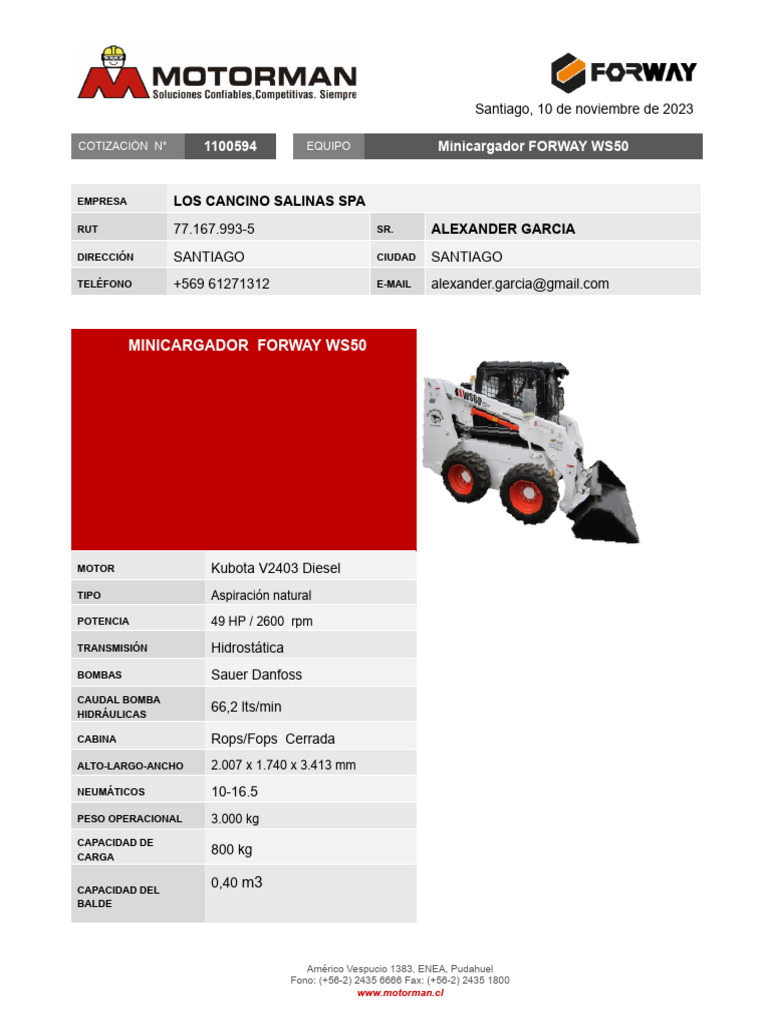 Cotización Minicargador FORWAY WS50 | PDF