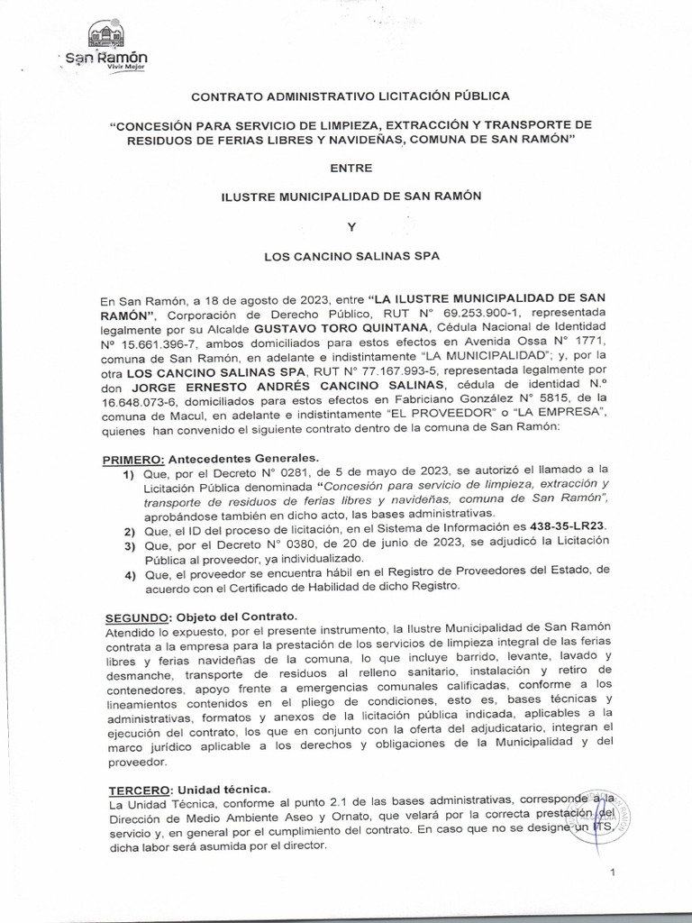 Contrato - Municipalidad San Ramon - Los Cancino Salinas Spa. | PDF