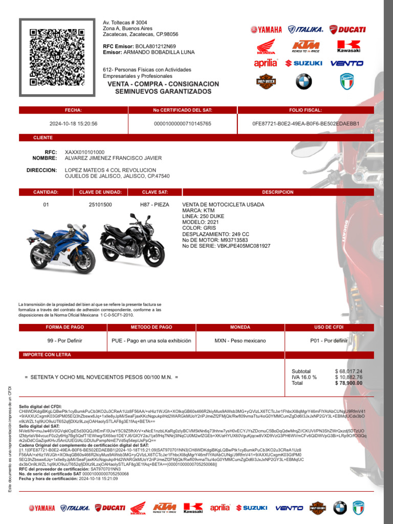 Venta De Motocicleta Usada Cfdi Pdf