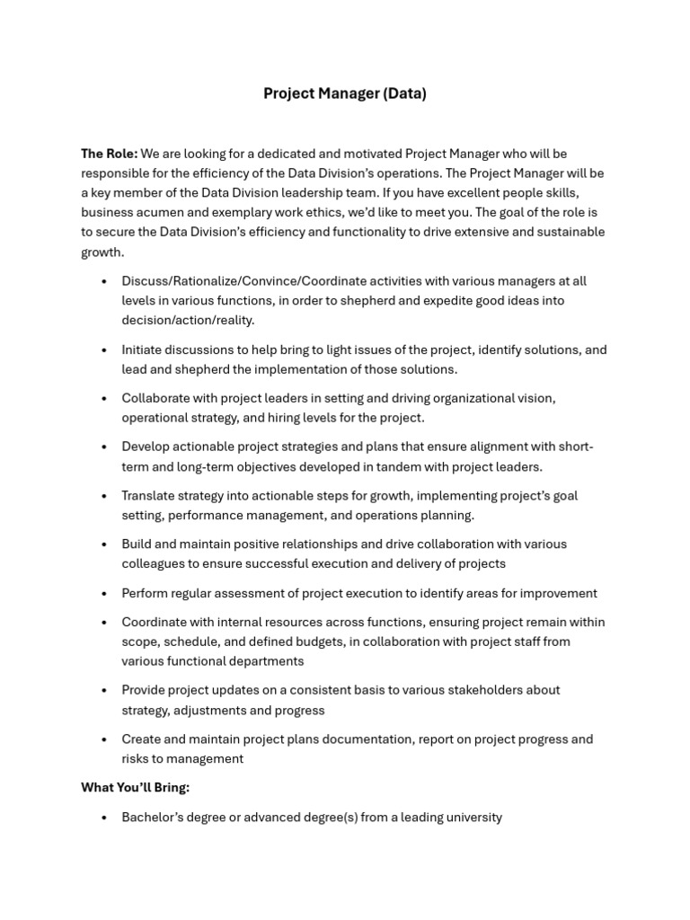 Navigos Search - JD - Project Manager (Data) | PDF | Collaboration | Business