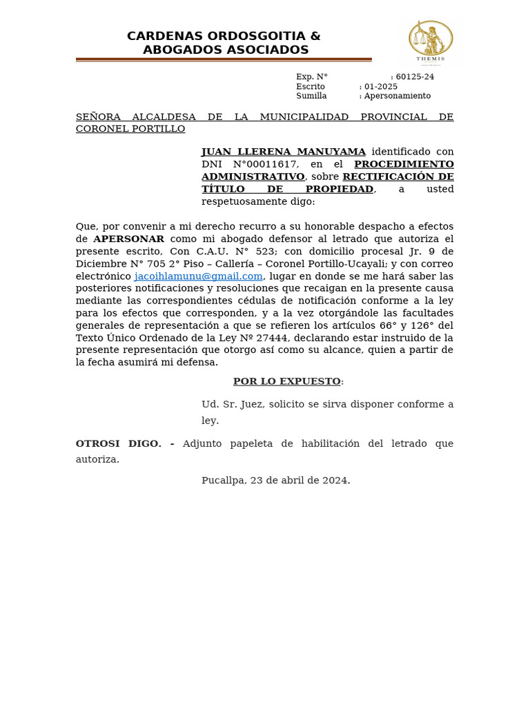 Apersonamiento - Juan Llerena Manuyama - MPCP | PDF