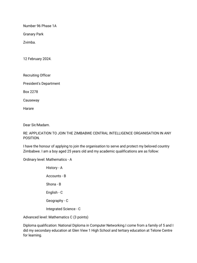 Application for Zimbabwe Intelligence Role | PDF