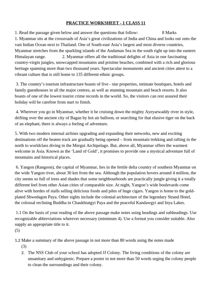 Practice Worksheet -1 Class 11 | PDF