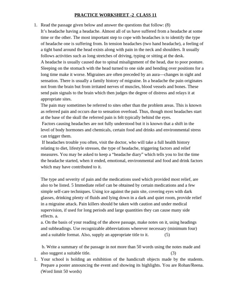 Practice Worksheet - 2 Class 11 | PDF | Headache | Migraine