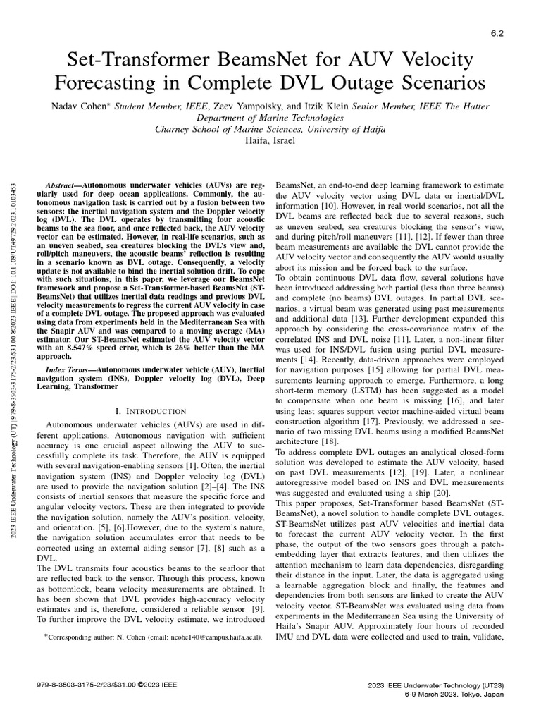 Set-Transformer BeamsNet For AUV Velocity Forecasting in Complete DVL Outage Scenarios | PDF ...
