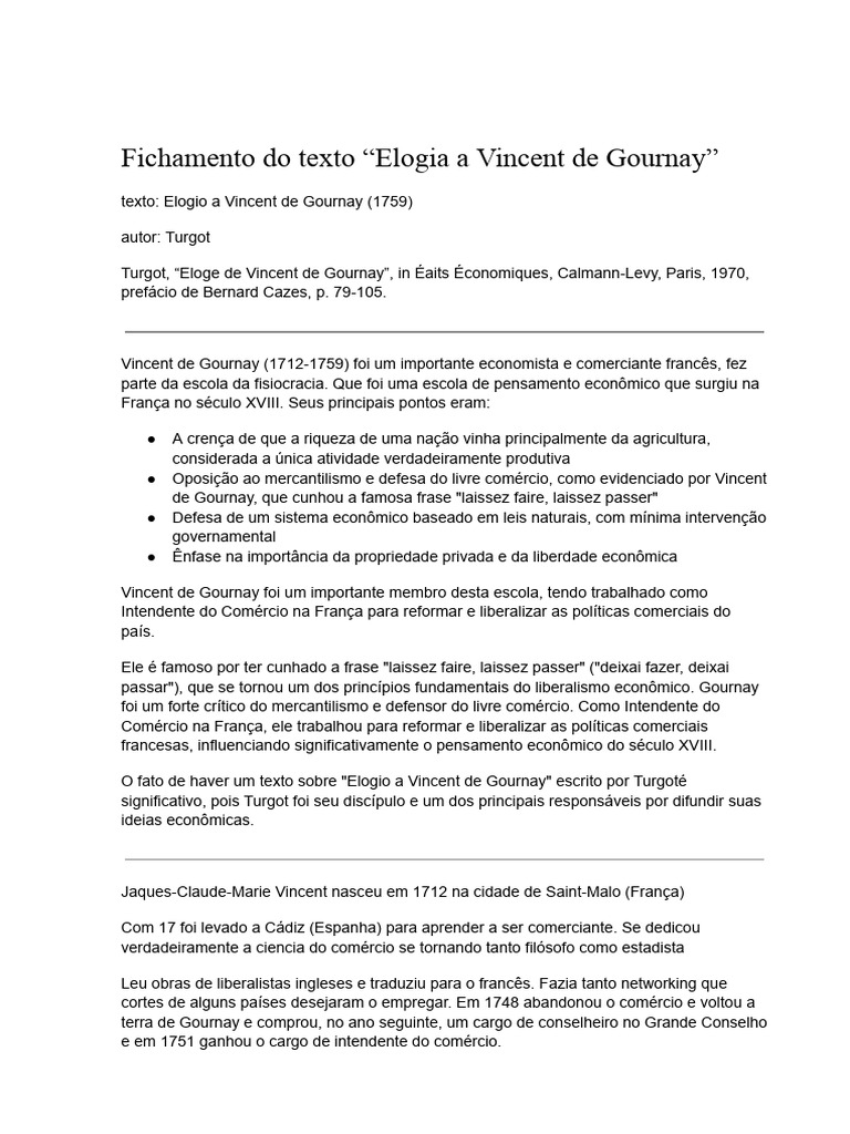Fichamento Do Texto "Elogia A Vincent de Gournay" | PDF | Mercantilismo | Laissez Faire