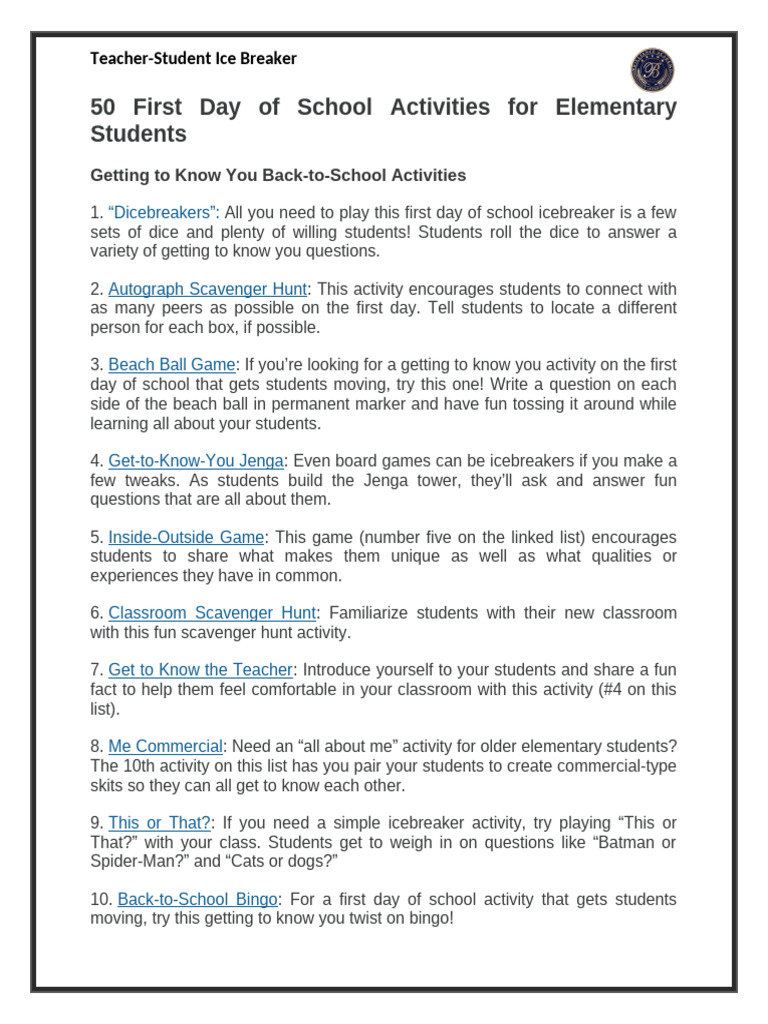 First Day Icebreakers for Students | PDF