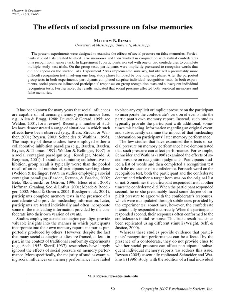 Social Pressure's Impact on Memory Performance | PDF | Memory | Conformity