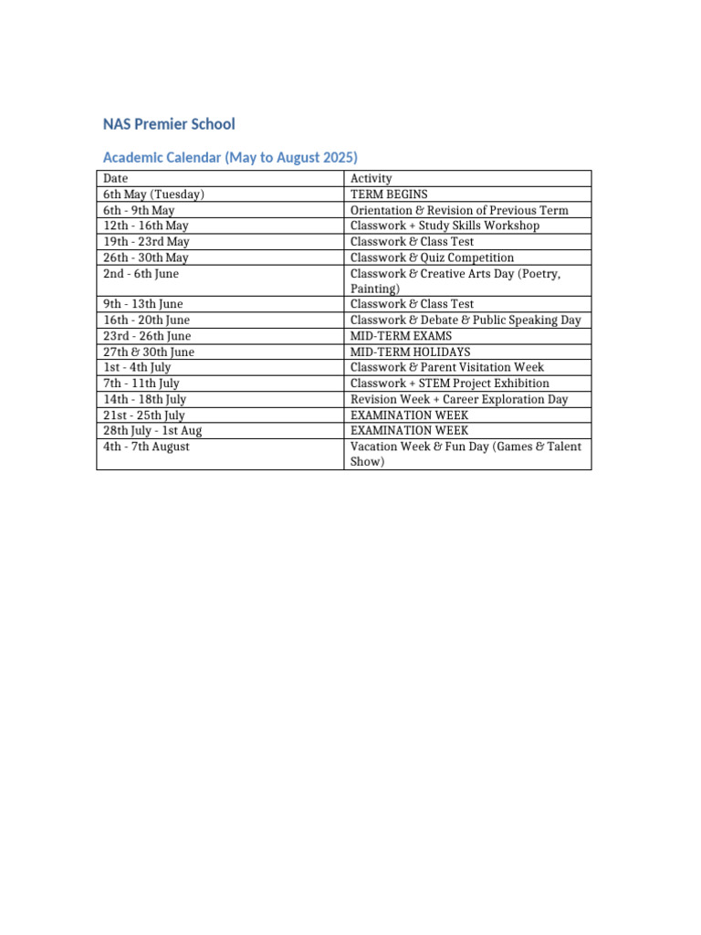 NAS Premier School Calendar 2025 | PDF