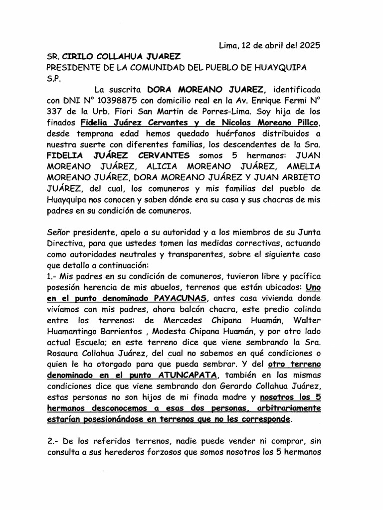 Escrito de Dora Moreano | PDF