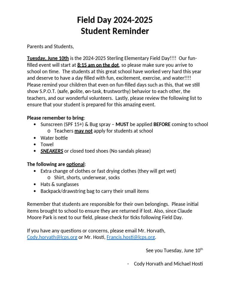 Field Day Reminder Letter 2025 5 | PDF
