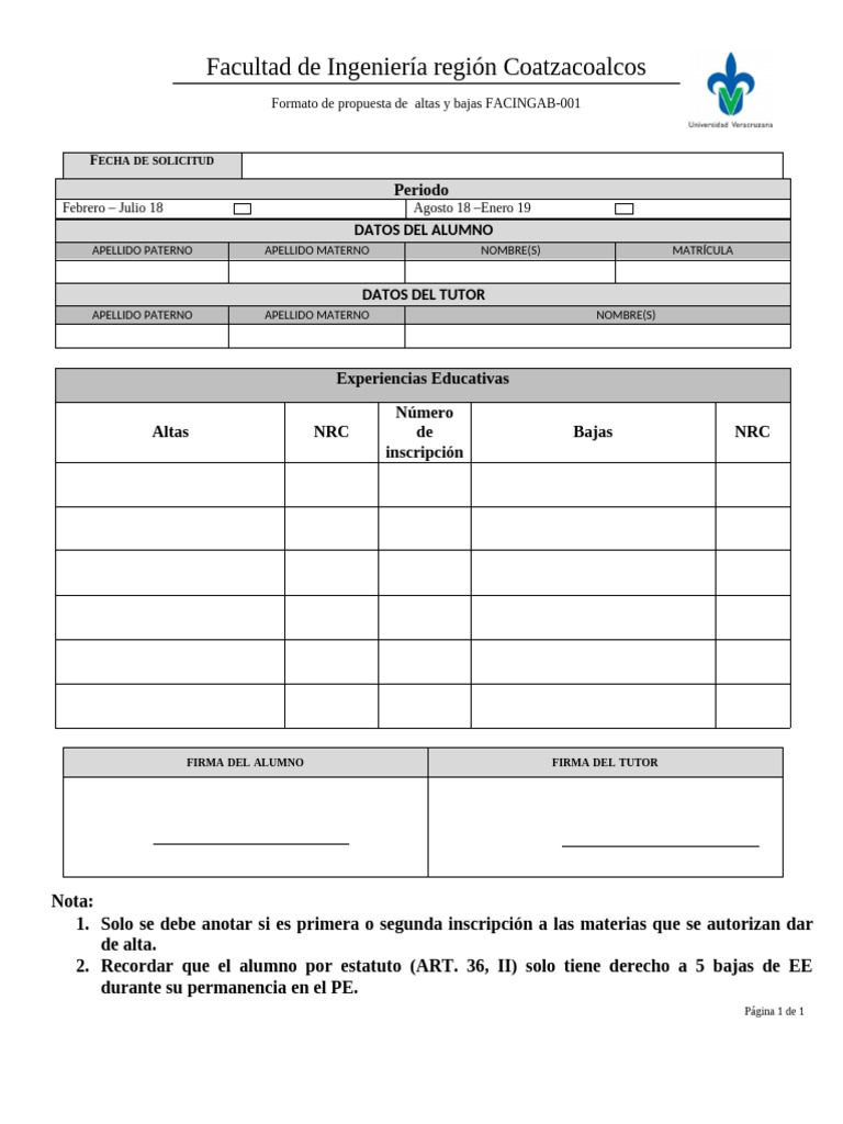 FACINGAB-001 Formato de Propuesta de Altas y Bajas | PDF