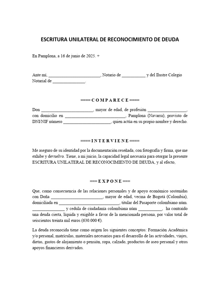 Escritura Unilateral Reconocimiento Deuda Modelo Clasico Notaria | PDF | Pagos | Deuda