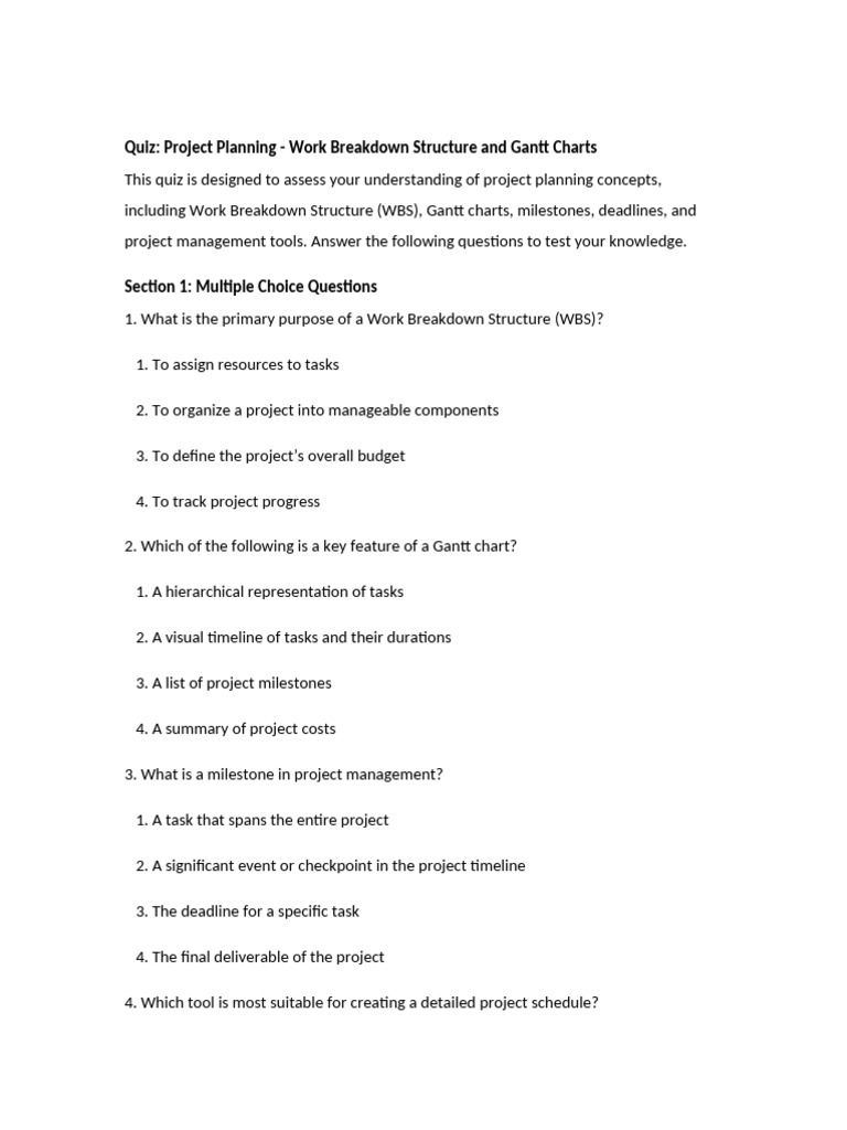 Project Planning Quiz: WBS & Gantt Charts | PDF