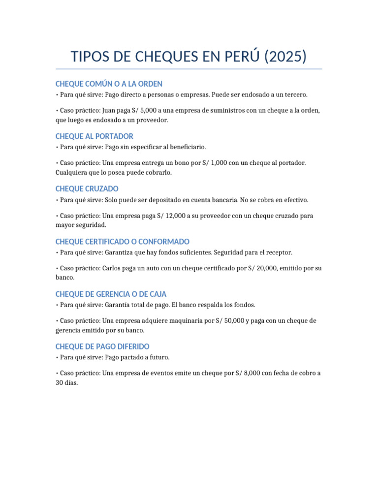 Tipos de Cheques Peru 2025 | PDF