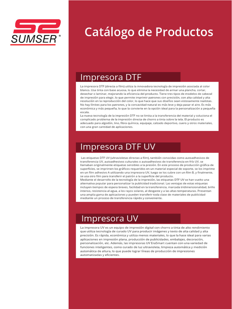 Catalogo Impresoras DTF SUMSER | PDF | Impresora (Computación) | Textiles