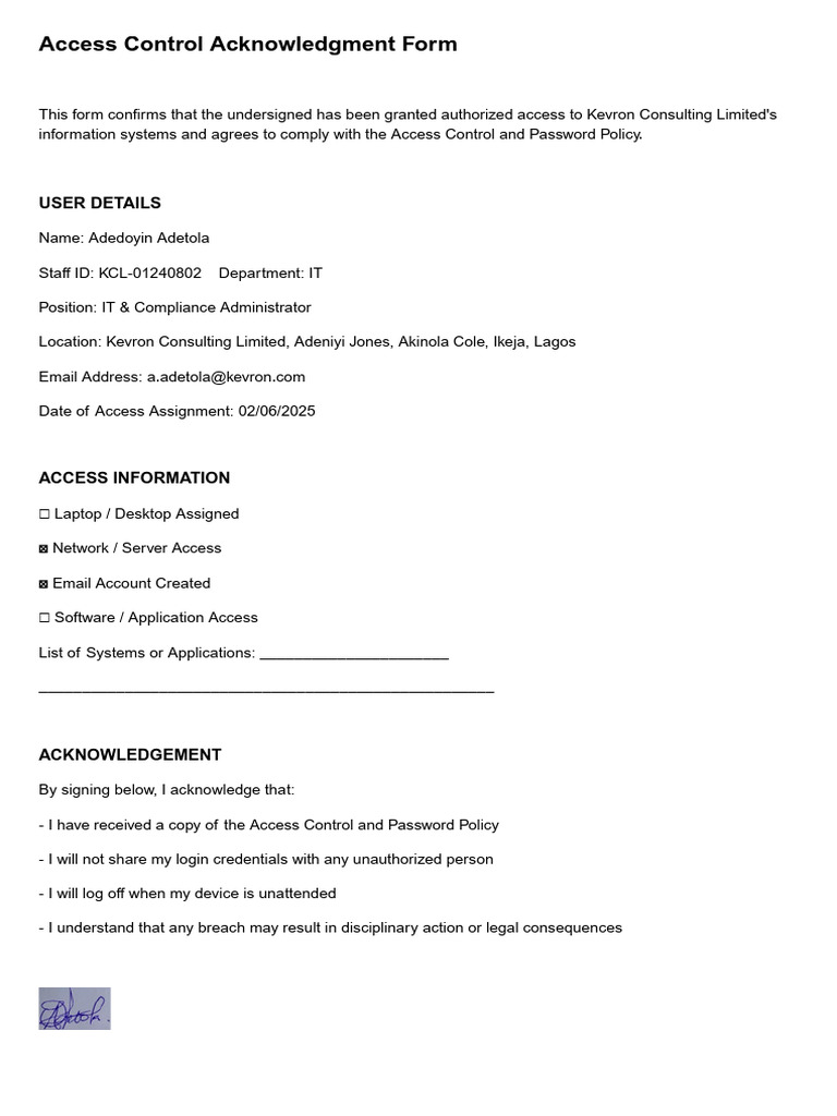 Adedoyin Adetola Access Control Acknowledgment Form PDF | PDF