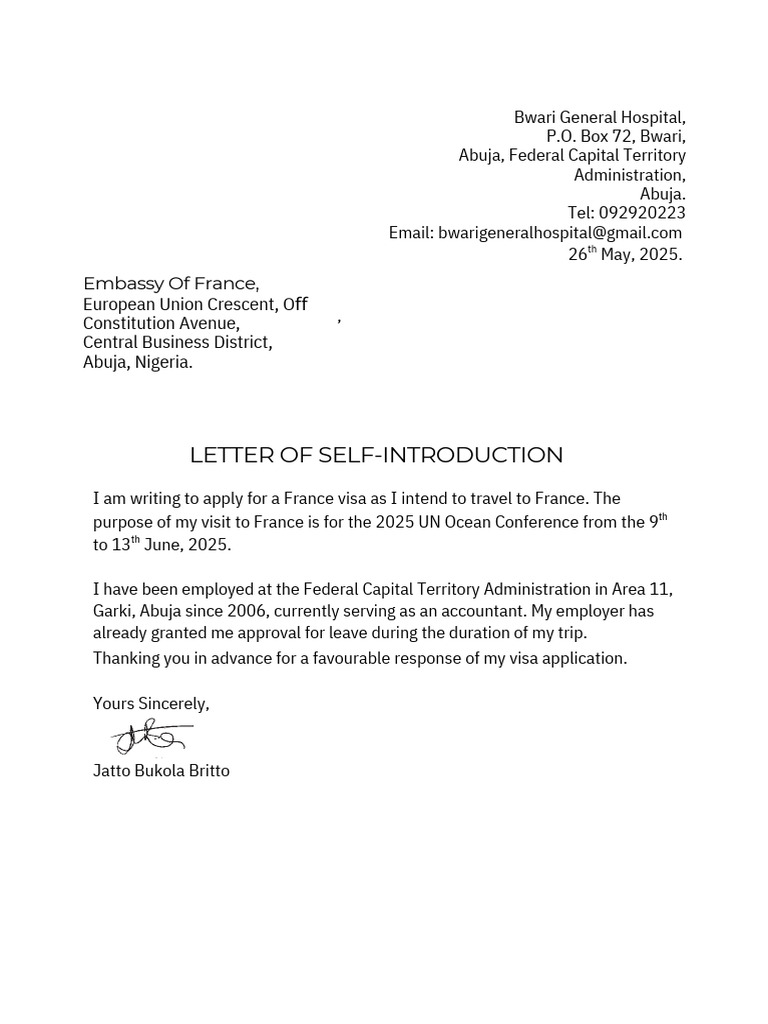 Self-Introduction Letter for France Visa | PDF
