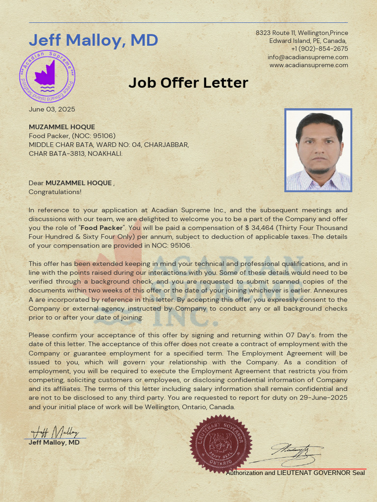 Muzammel Hoque Offer Letter | PDF | Background Check | Labor Relations