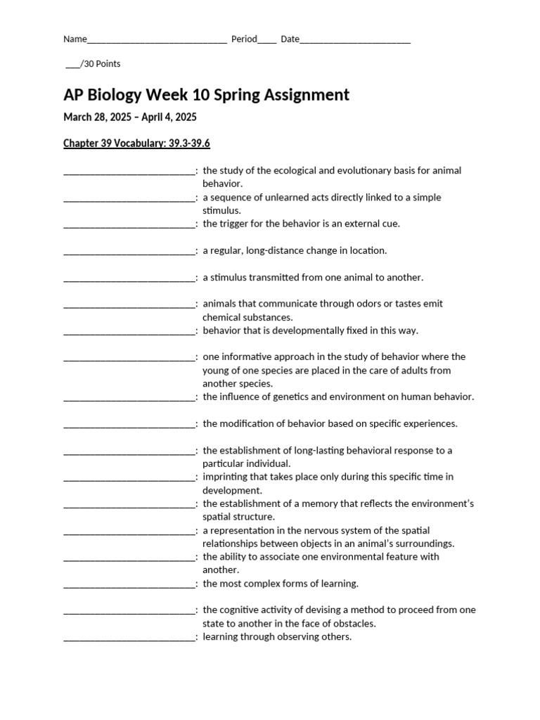 AP Biology Week 10 Spring Assignment | PDF | Learning | Behavior