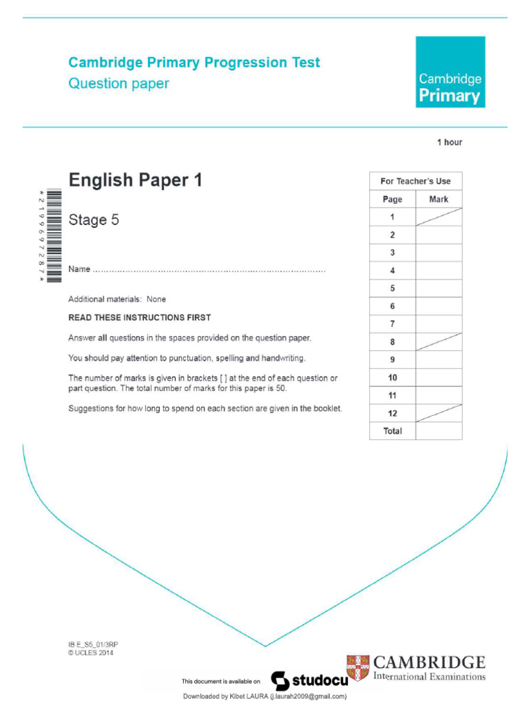 Cambridge Primary Progression Test - English 2014 Stage 5 - Paper 1 ...
