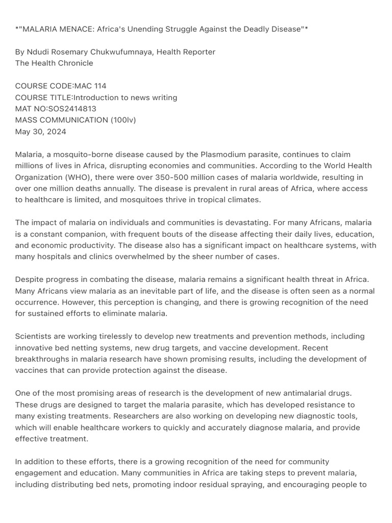 "MALARIA MENACE - Africa's Unending Struggle Against The Deadly Disease ...