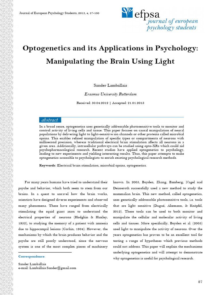 Optogenetics and Its Applications in Psychology Ma | PDF | Synapse ...