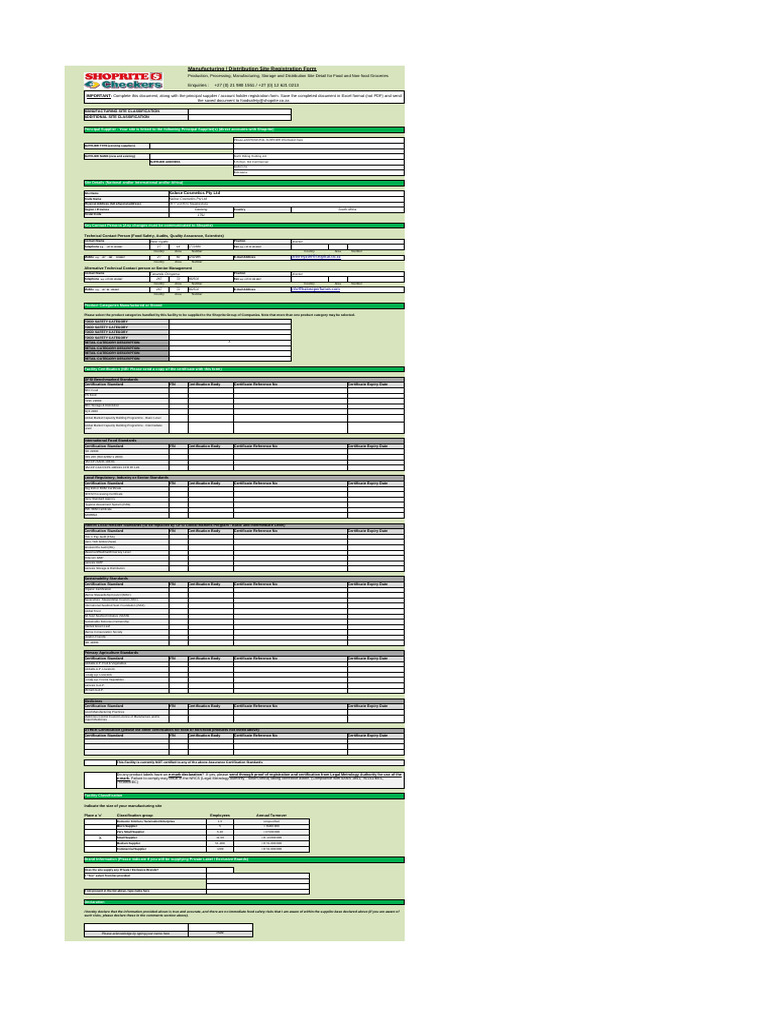 Manufacturing Site Registration Form | PDF | Food Industry