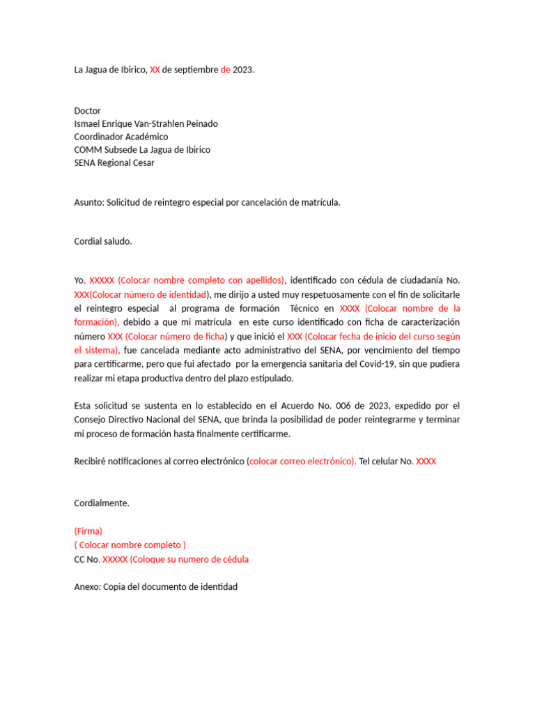 Solicitud de Reintegro - Acuerdo 006 de 2023 Jagua | PDF