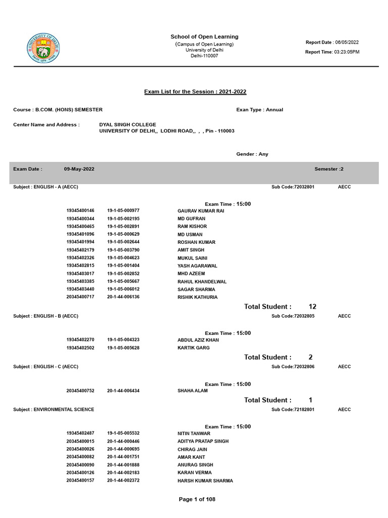 Dyal Singh-Bcom Hons Students List | PDF