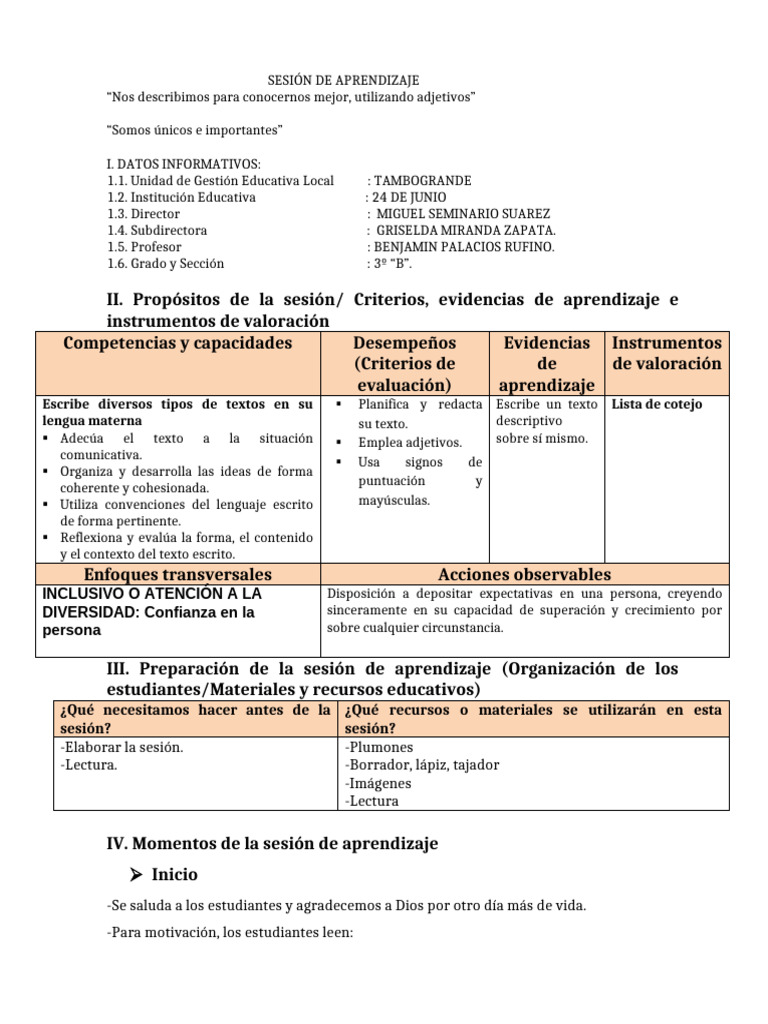Sesion Nos Describimos para Conocernos Mejor. | PDF | Aprendizaje ...