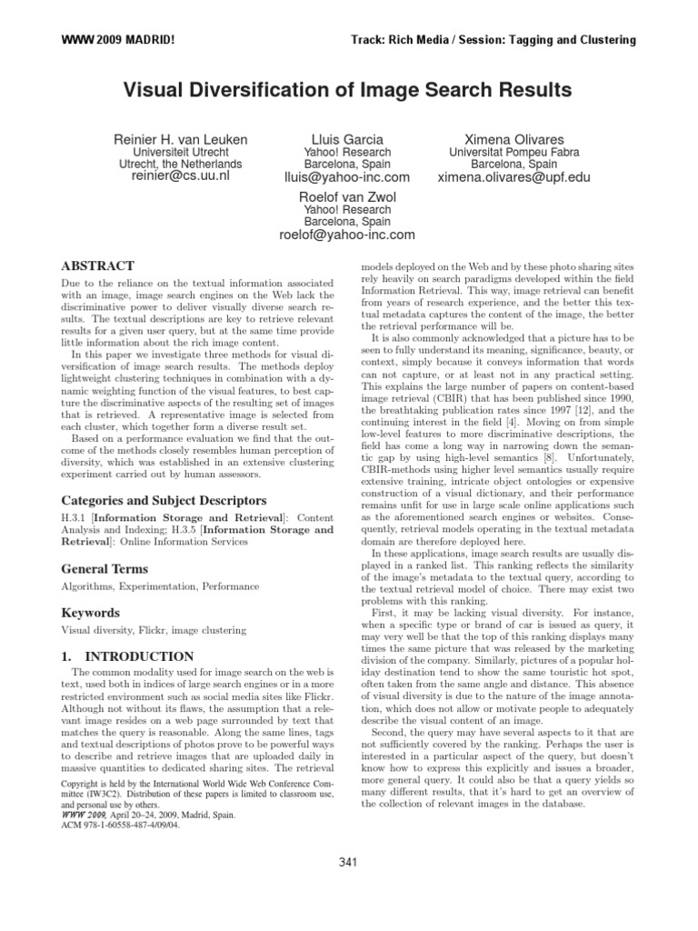 Visual Diversification of Image Search Results | PDF | Information Retrieval | Cluster Analysis