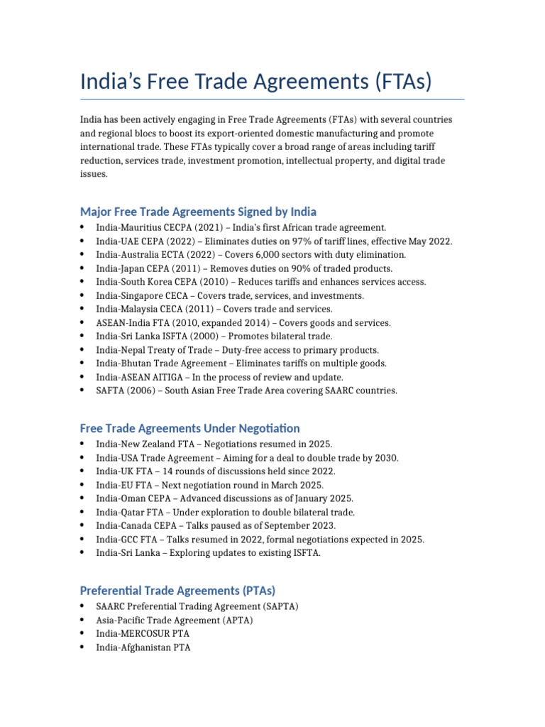 India’s Free Trade Agreements Overview | PDF