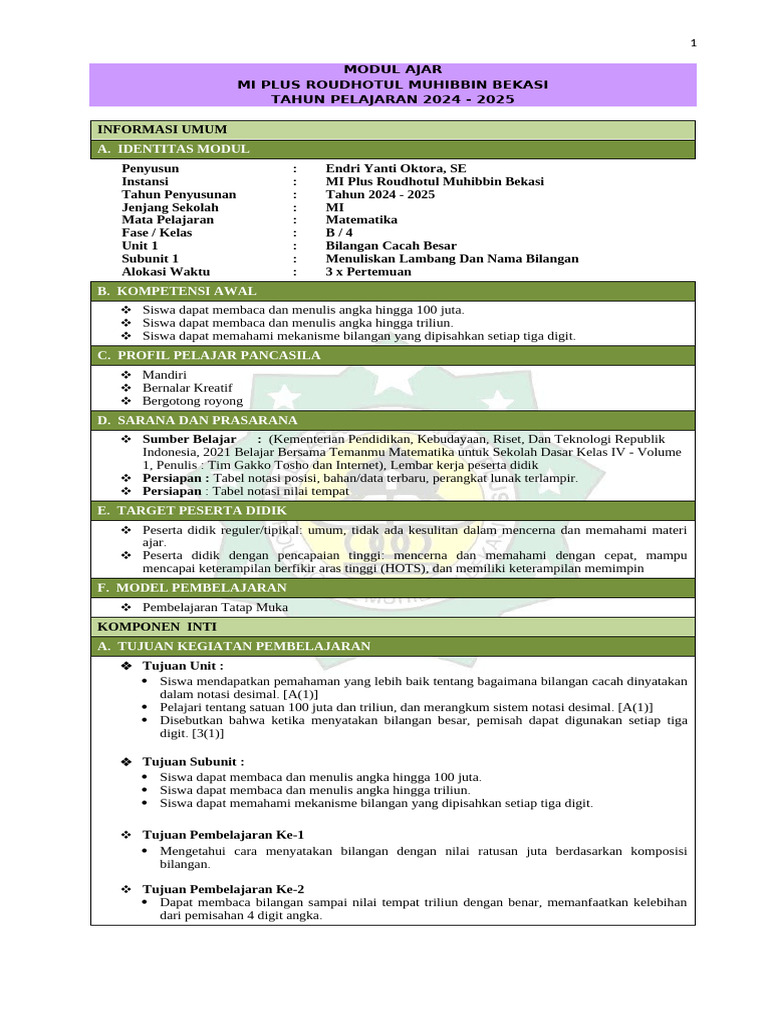 MODUL AJAR MI Matematika Bab 1 | PDF