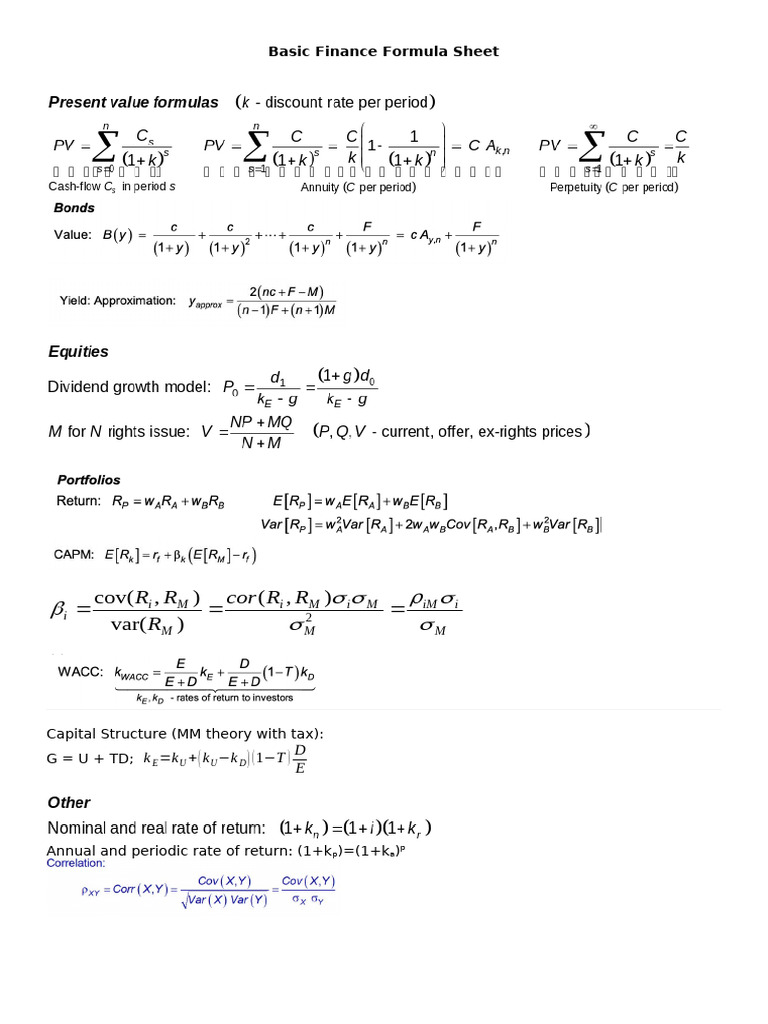 Updated Basic Finance Formula Sheet | PDF