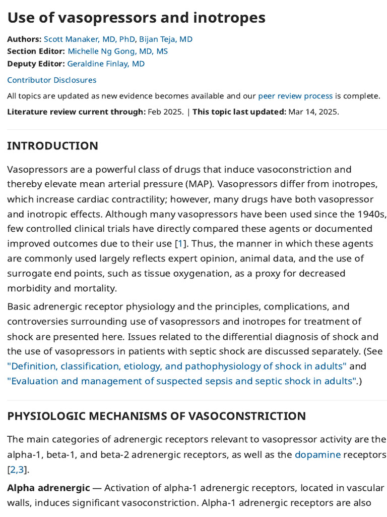UpToDate Use of Vasopressors and Inotropes | PDF | Shock (Circulatory ...