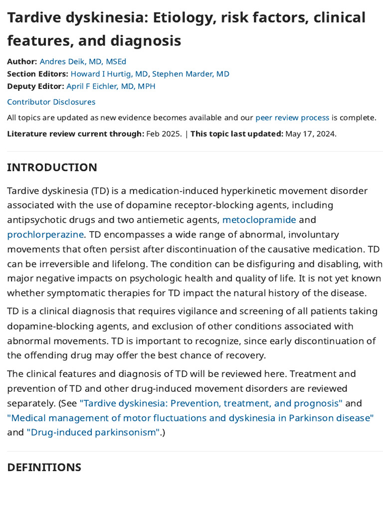 UpToDate Tardive Dyskinesia - Etiology, Risk Factors, Clinical Features ...