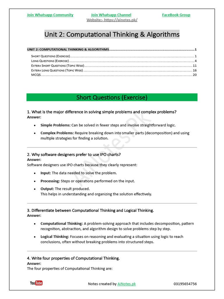 Fbise Compter Notes Chapter 2 Computational Thinking And Algorithms Pdf Algorithms