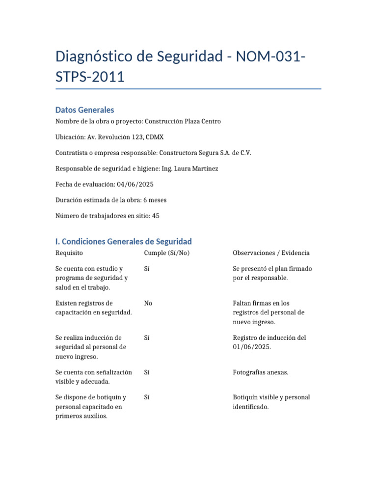Diagnostico Seguridad NOM 031 STPS | PDF