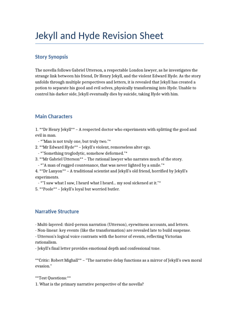 Jekyll and Hyde Revision Sheet | PDF | Dr. Jekyll And Mr. Hyde ...