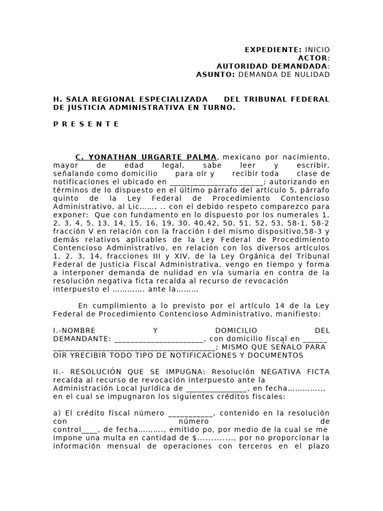 Demanda de Nulidad por Negativa Ficta | PDF | Caso de ley | Demanda ...