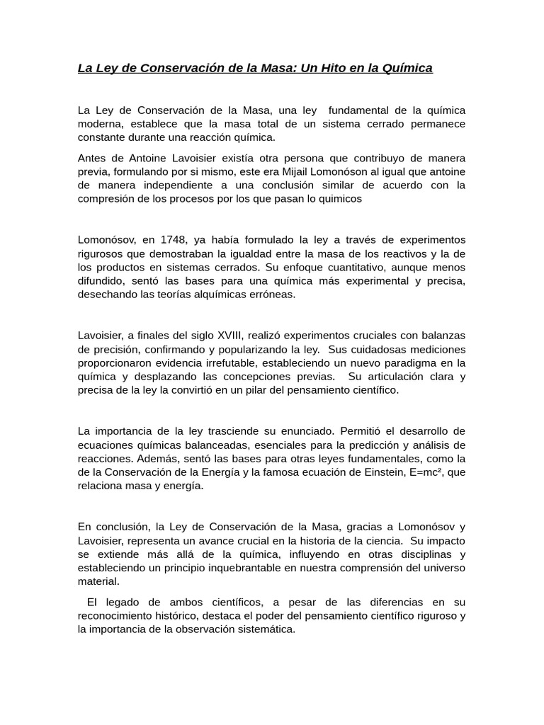 Ensayo Sobre La Ley de Conservación de Materia | PDF | Masa | Química