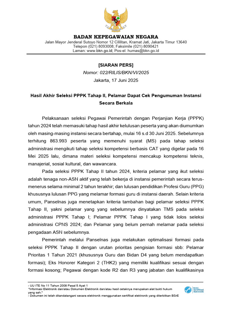 Siaran Pers 022 Rilis BKN Vi 2025 17 Juni 2025 | PDF