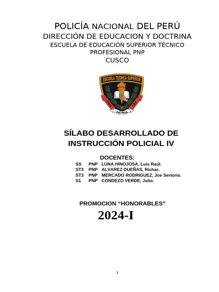 SILABO INSTRUCCIÓN POLICIAL IV PROMOCION HONORABLES | PDF | Policía | Aprendizaje
