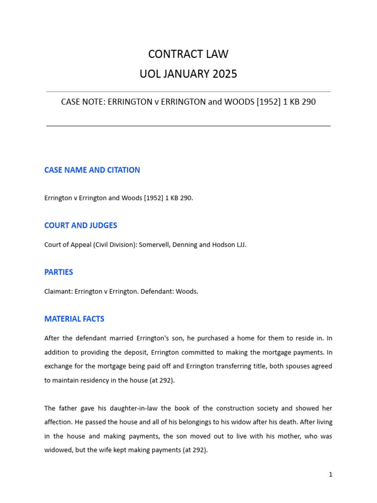 Errington v Errington Case Analysis | PDF | Offer And Acceptance ...