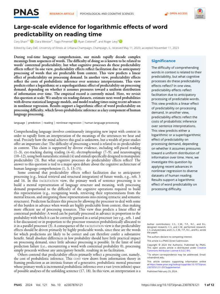 Large Scale Evidence For Logarithmic Effects of Word Predictability On ...