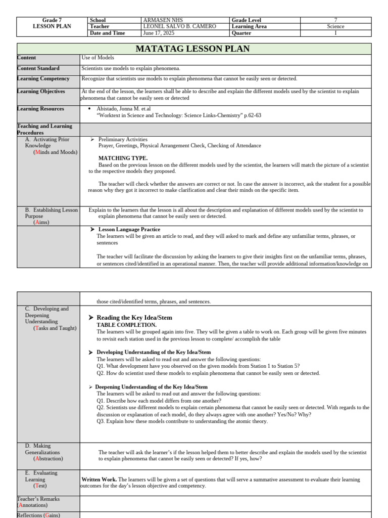 Grade 7 Science Lesson Plan on Models | PDF | Lesson Plan | Learning