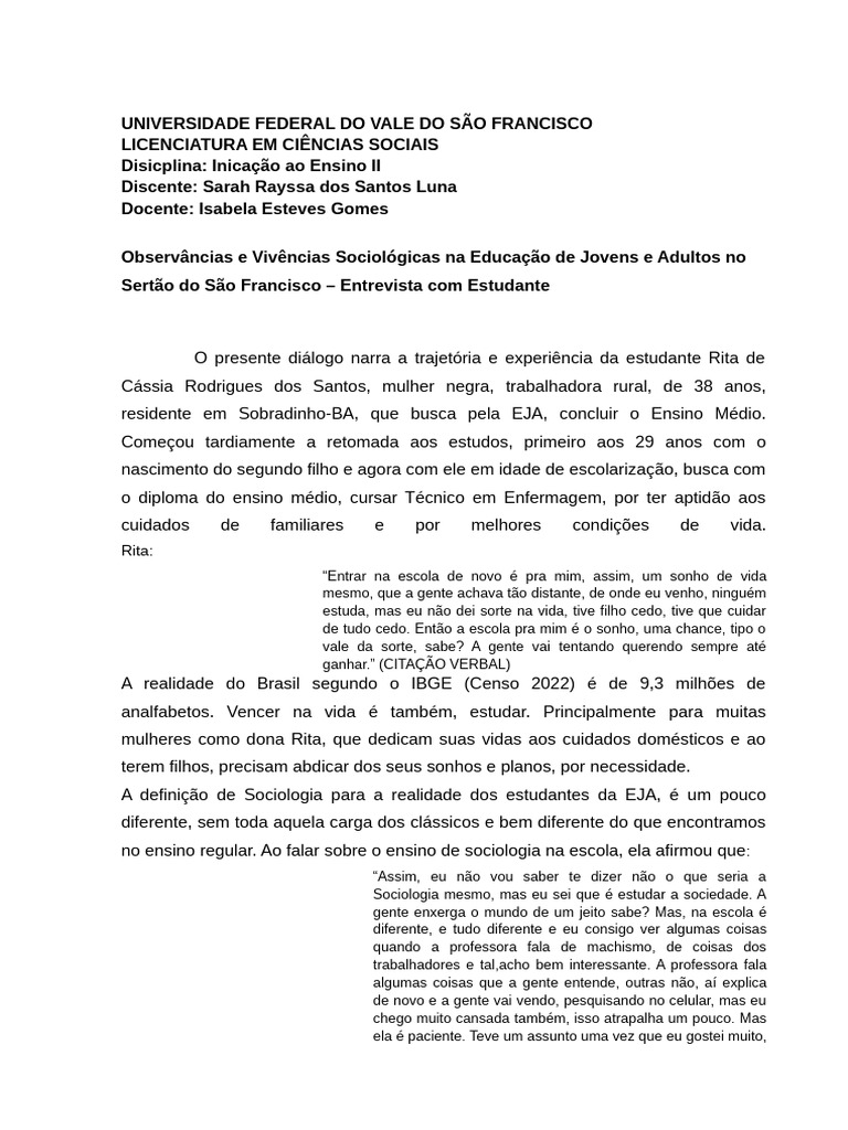 Sarah Rayssa. ENTREVISTA COM ESTUDANTE (2 Etapa) | PDF | Sociologia