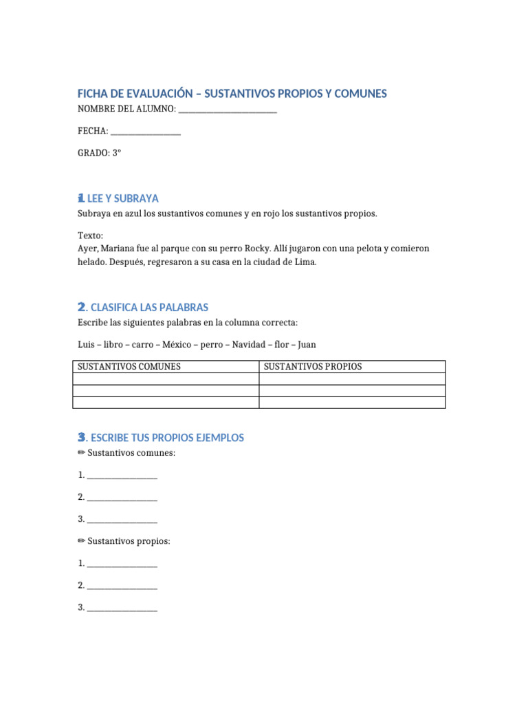 Ficha Evaluacion Sustantivos 3ro | PDF